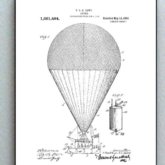 Art | Framed Hot Air Baloon Airship 85 X 11 Original Patent Diagram ...